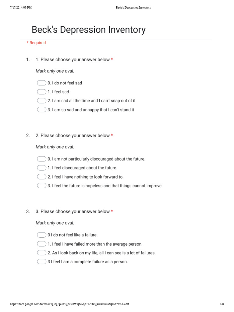 Beck's Depression Inventory - Google Forms | PDF