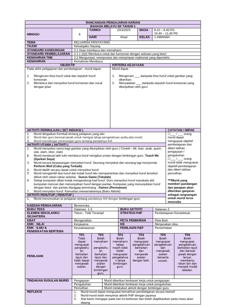 Contoh RPH Minggu Ke6 | PDF