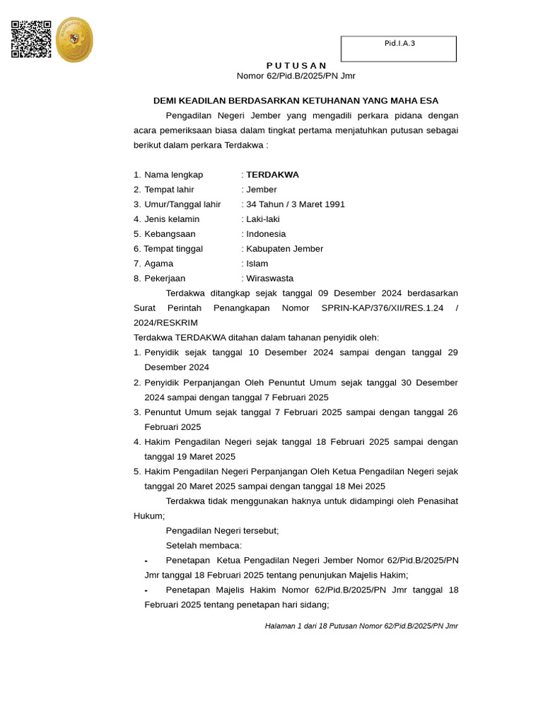 Putusan 62 Pid.b 2025 PN JMR 20250419152907 | PDF