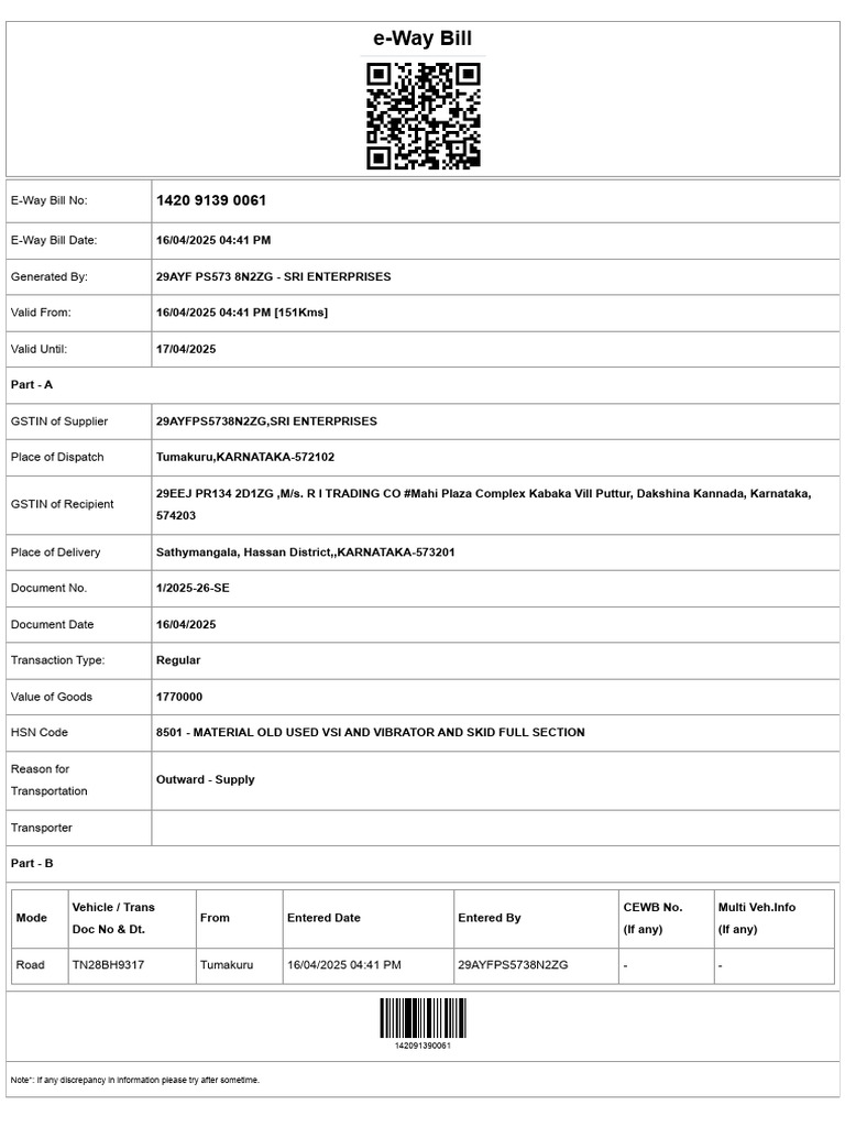 E-Way Bill Details for Sri Enterprises | PDF