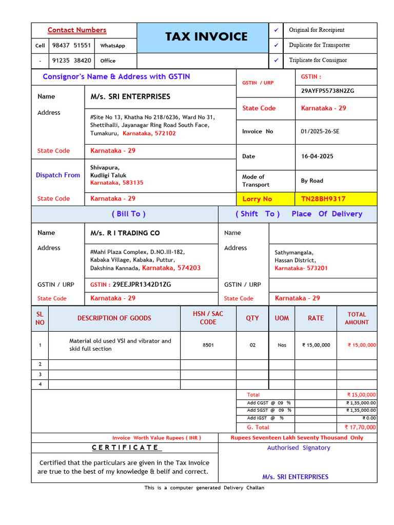 Invoice No. 01-2025-26 SE - Kudili To Hassan - 16-04-2025-2 | PDF ...
