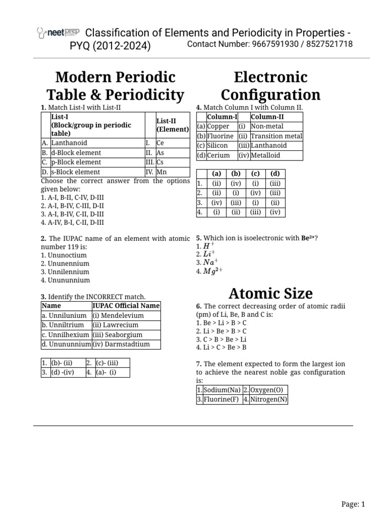 Classification of Elements and Periodicity in Properties - PYQ (2012-2024) | PDF | Periodic ...