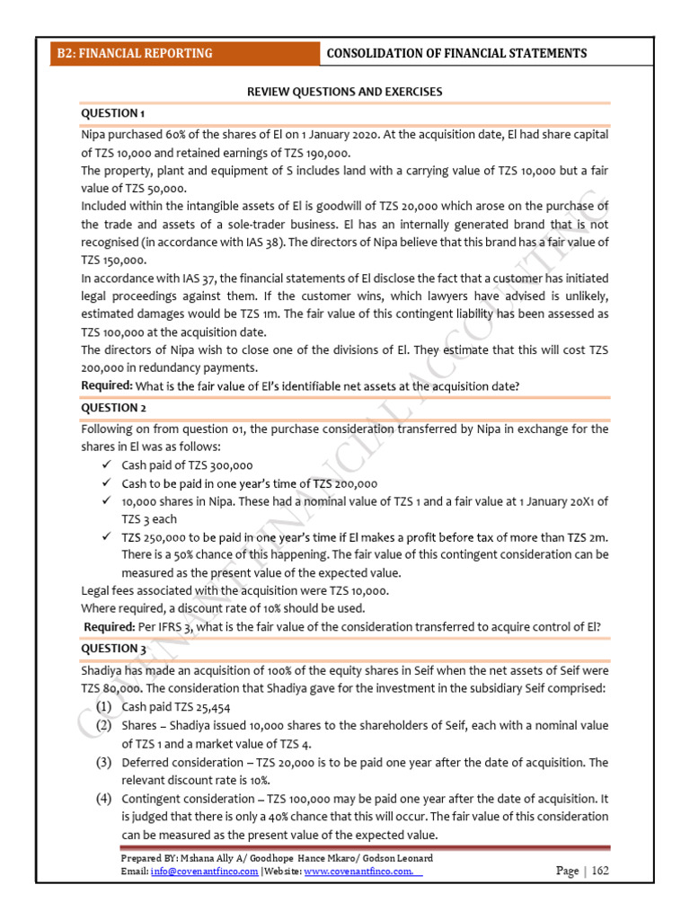Consolidation of Financial Statements Review Questions Handout (New ...