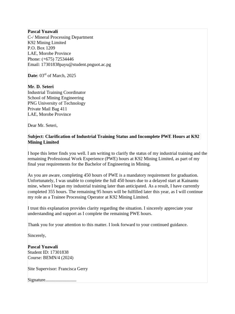 Industrial Training Status Update at K92 | PDF