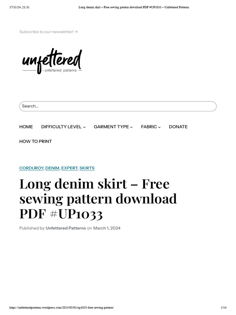 Long Denim Skirt - Free Sewing Pattern Download PDF #UP1033 - Unfettered Patterns | PDF | Sewing ...