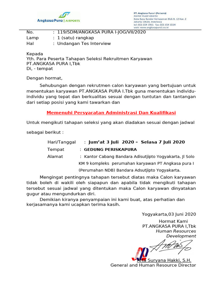 Undangan Tes Interview PT Angkasa Pura I | PDF