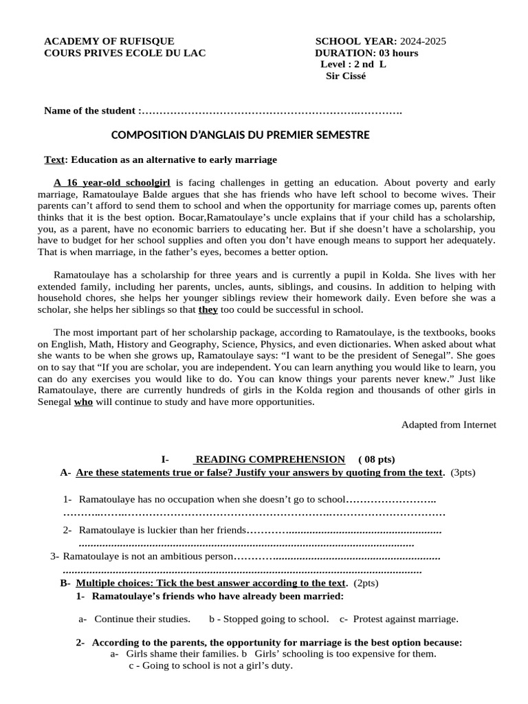 Ceesay Composition d'Anglais 2nde L | PDF | Linguistics