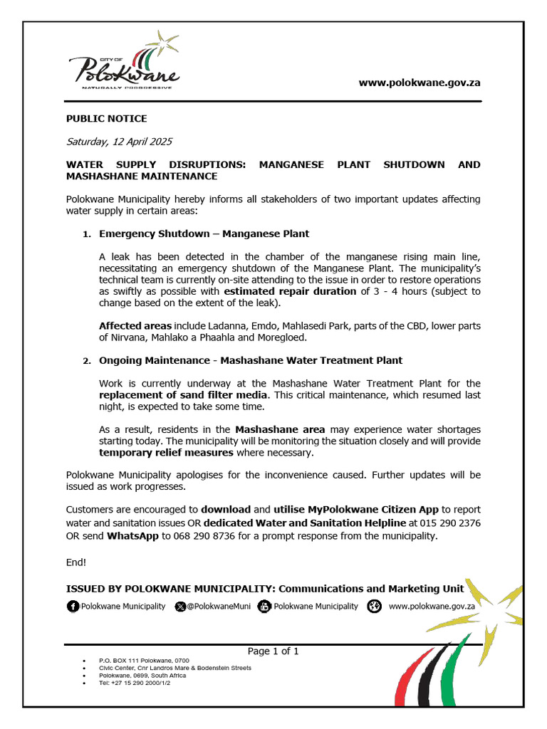 Water Supply Disruptions - Manganese Plant Shutdown and Mashashane ...