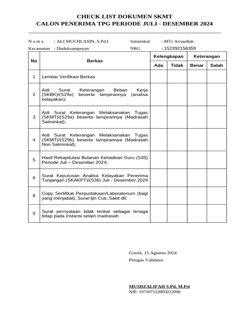 Check List SKMT Juli-Desember 2024 Muklisin | PDF