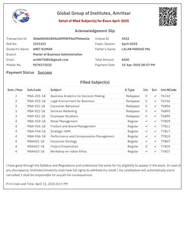 Amit Exam Receipt | PDF