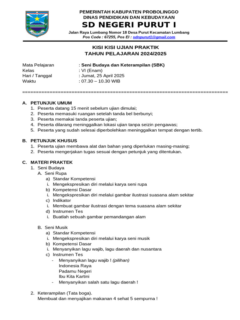 Kisi Kisi Ujian Praktik SBK Kelas 6 Tahun 2025 | PDF