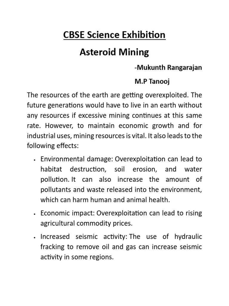 CBSE Science Exhibition Asteroid Mining | PDF