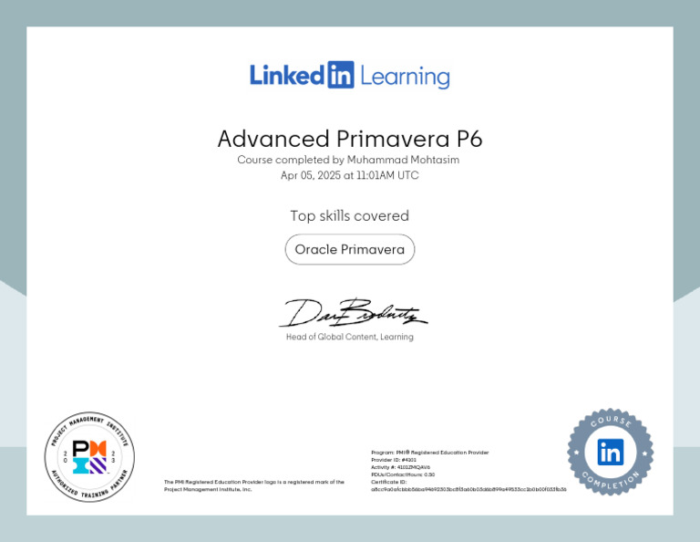 CertificateOfCompletion - Advanced Primavera P6 | PDF