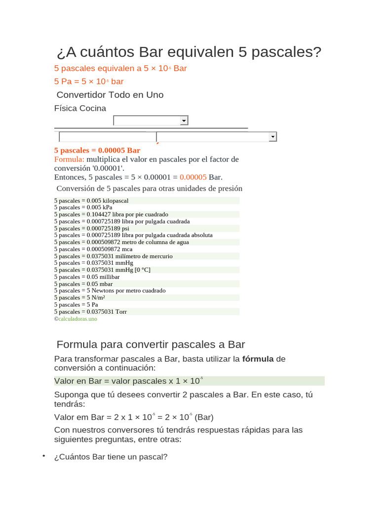 A cuántos Bar equivalen 5 pascales | PDF | Pascal (Unidad) | Presión