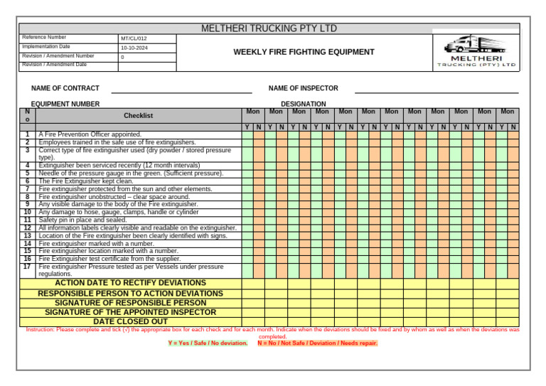 Weekly Fire Equipment Inspection Checklist | PDF | Equipment | Safety
