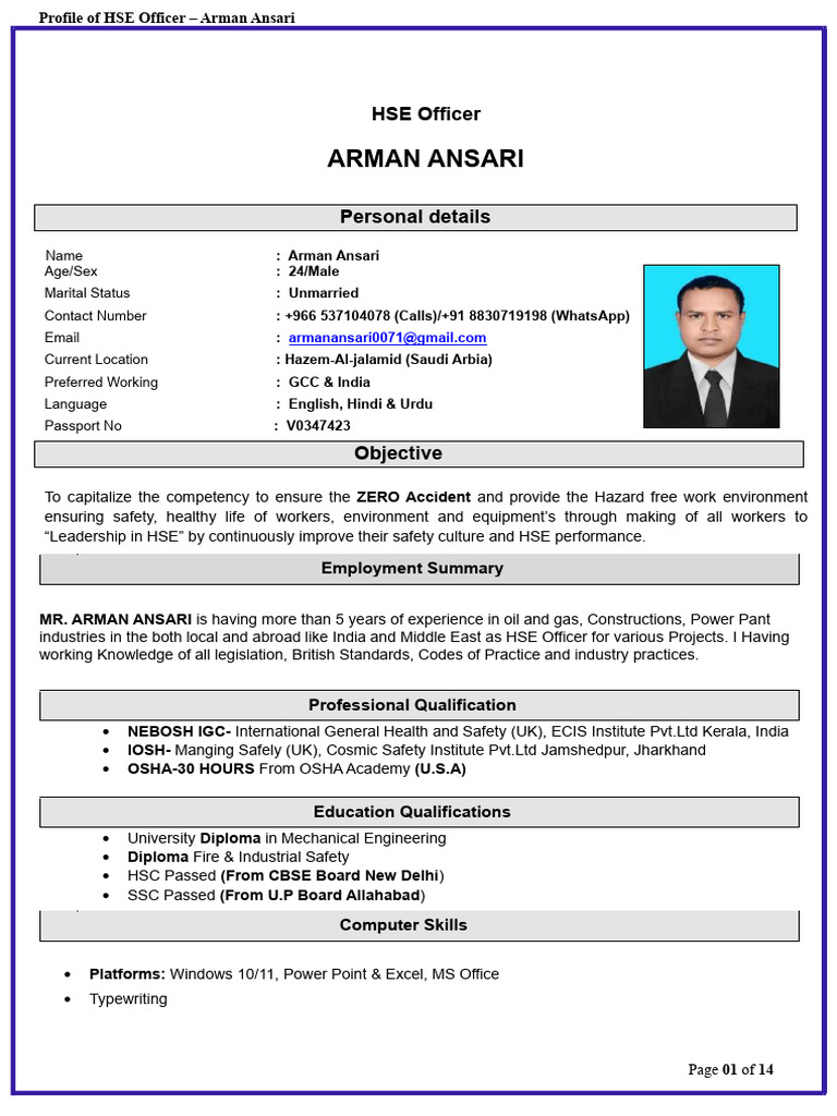 CV Arman Ansari Hse Officer Compressed (1) - 2 | PDF | Occupational Safety And Health | Safety