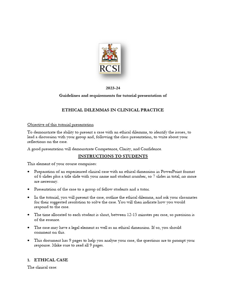 Ethical Dilemmas Handout 2023-24 | PDF | Autonomy | Health Care