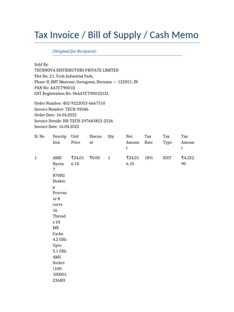 Technova Distributors Invoice | PDF