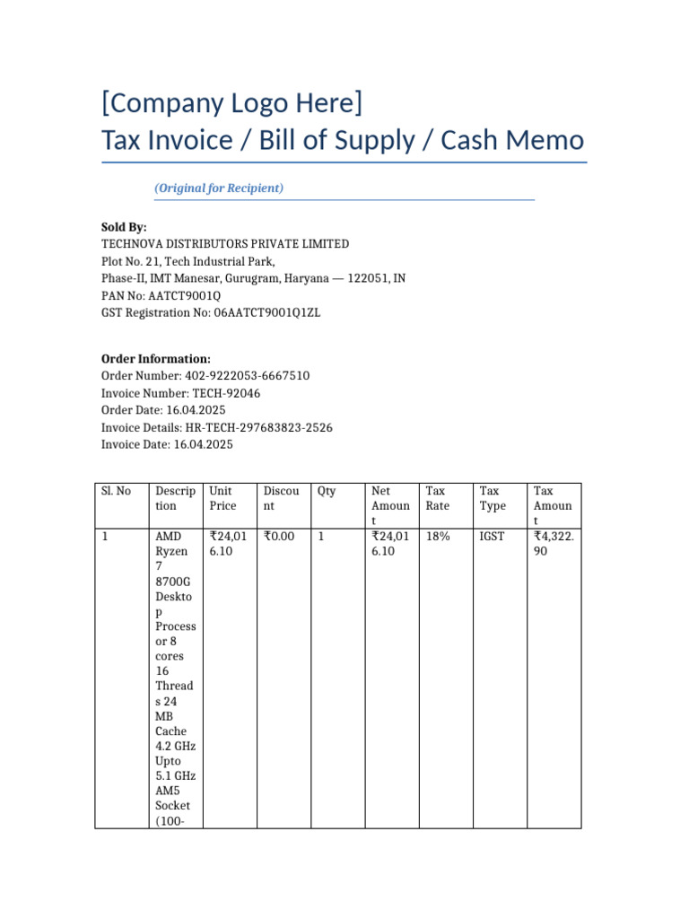 Technova Distributors Invoice Professional | PDF