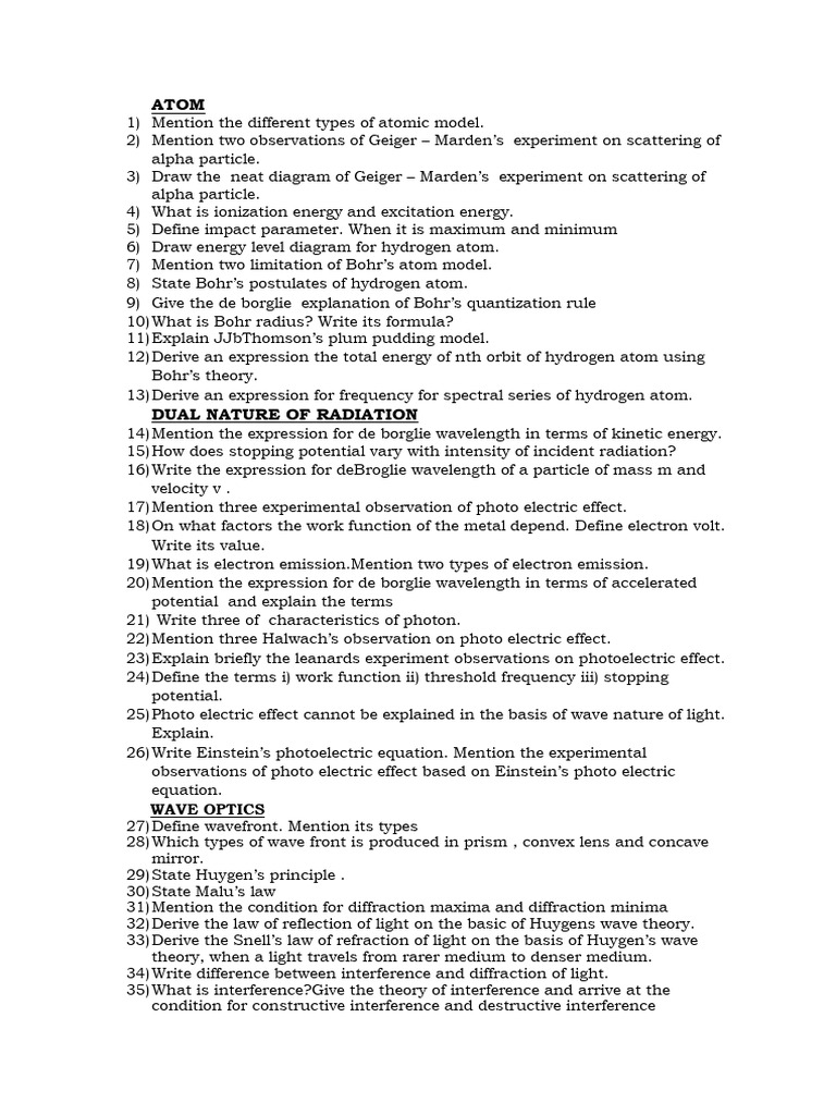 Unit Test 2 - Question Bank | PDF | Photoelectric Effect | Diffraction