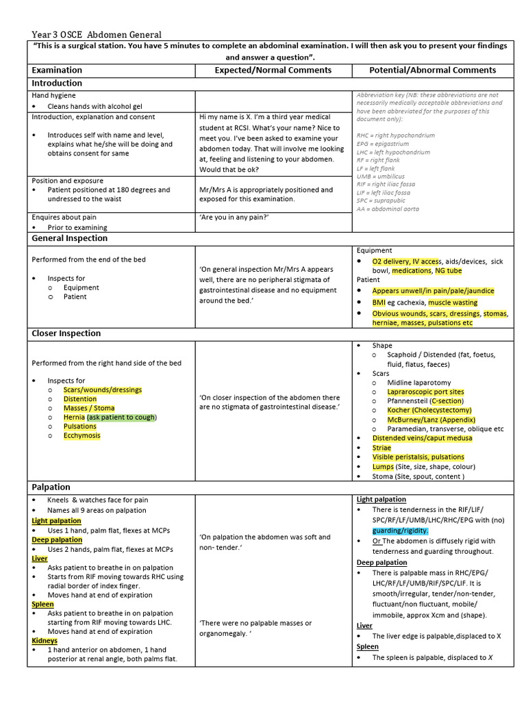 Year 3 OSCE: Abdominal Examination Guide | PDF | Abdomen