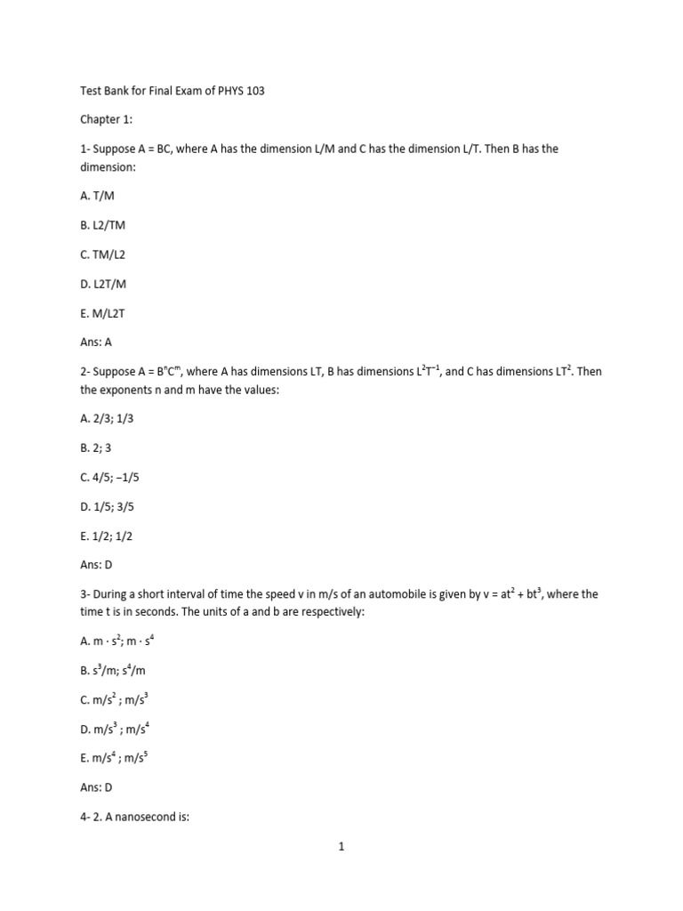 PHYS 103 Final Exam Test Bank | PDF | Acceleration | Force