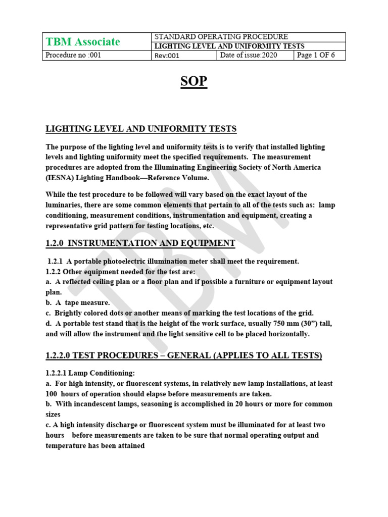 Sop of Lighting Level and Uniformity Tests | PDF | Lighting | Light
