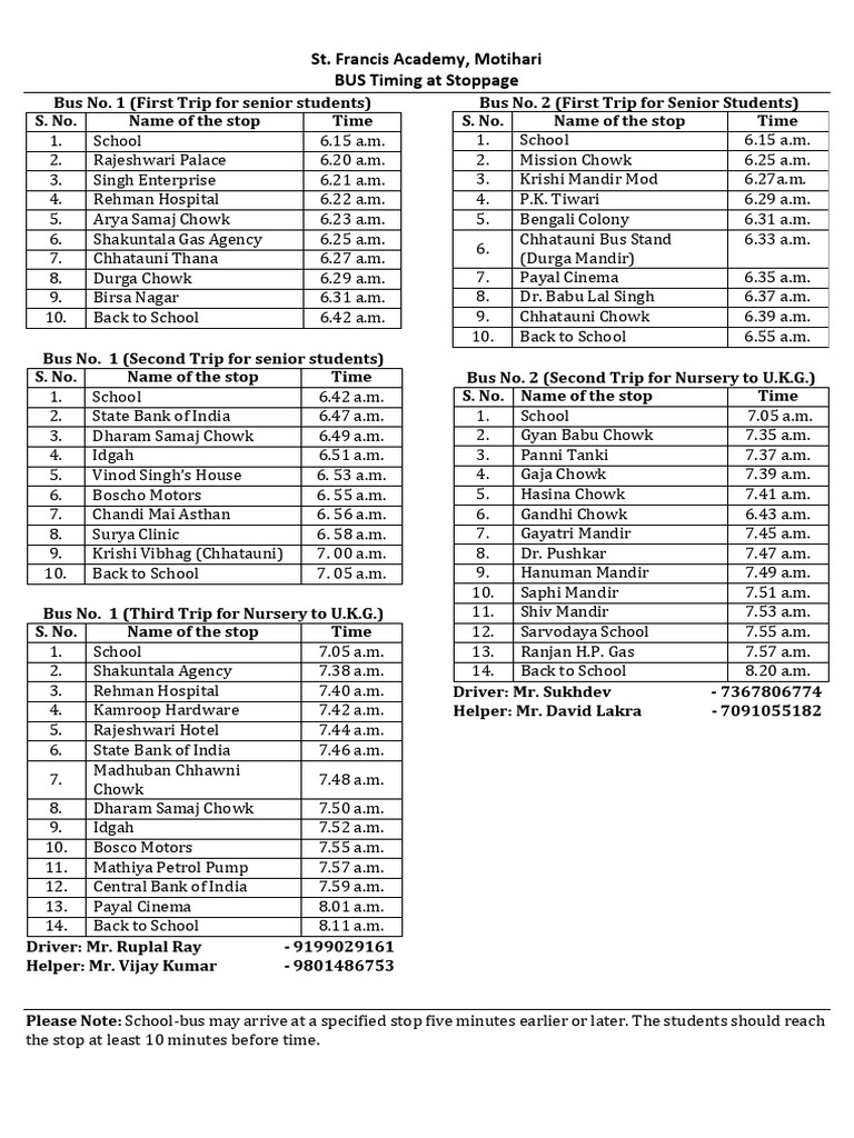 St. Francis Academy Bus Timings | PDF