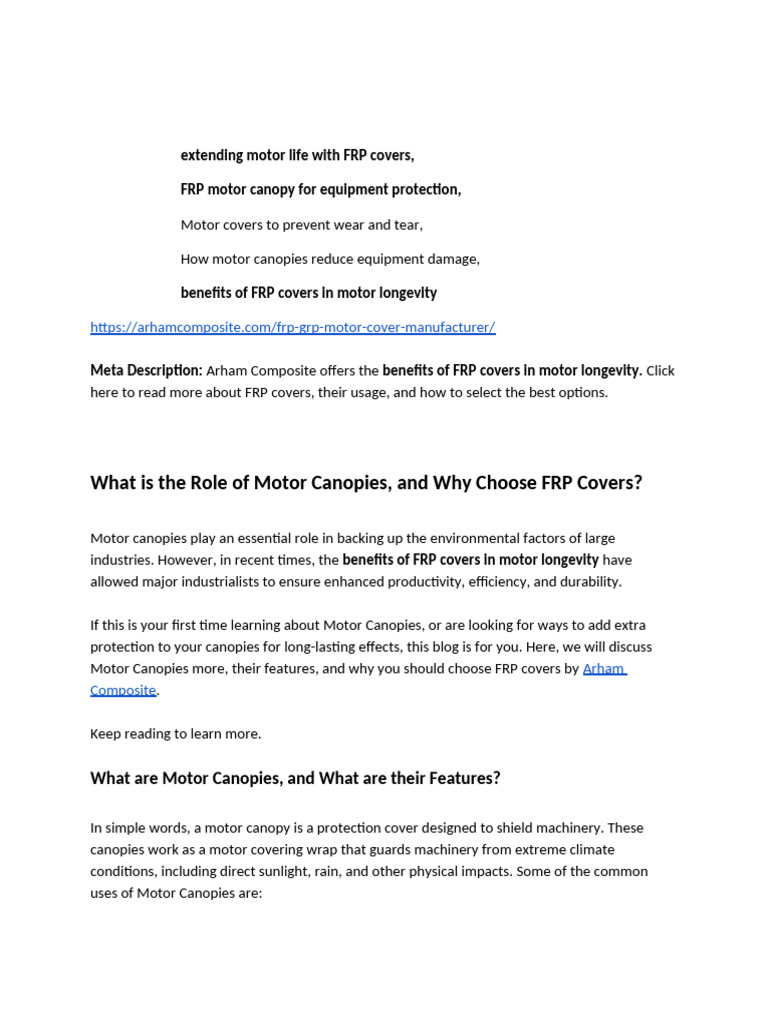 What Is The Role of Motor Canopies, and Why Choose FRP Covers | PDF ...