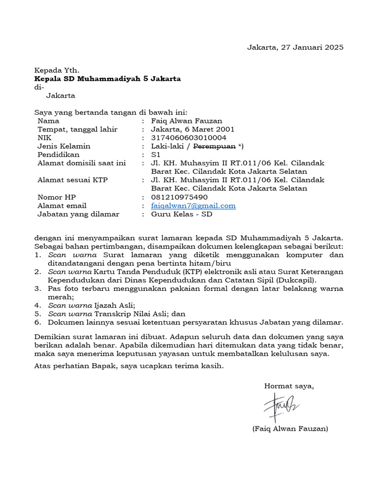 Surat - Lamaran - SD Muhammadiyah 5 Jakarta | PDF