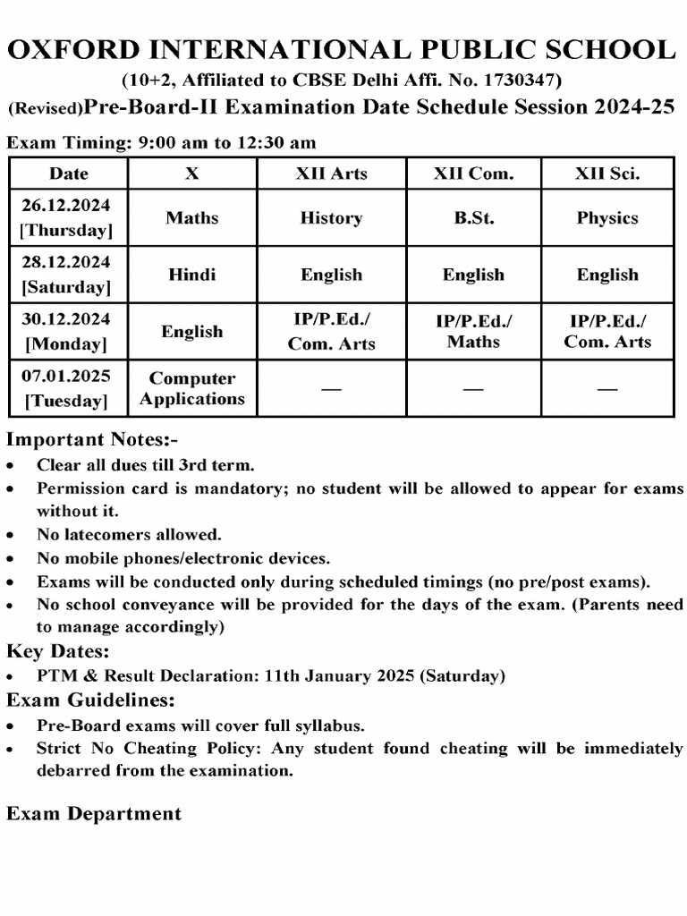 Pre-Board II Exam Date Schedule X & XII - Revised | PDF