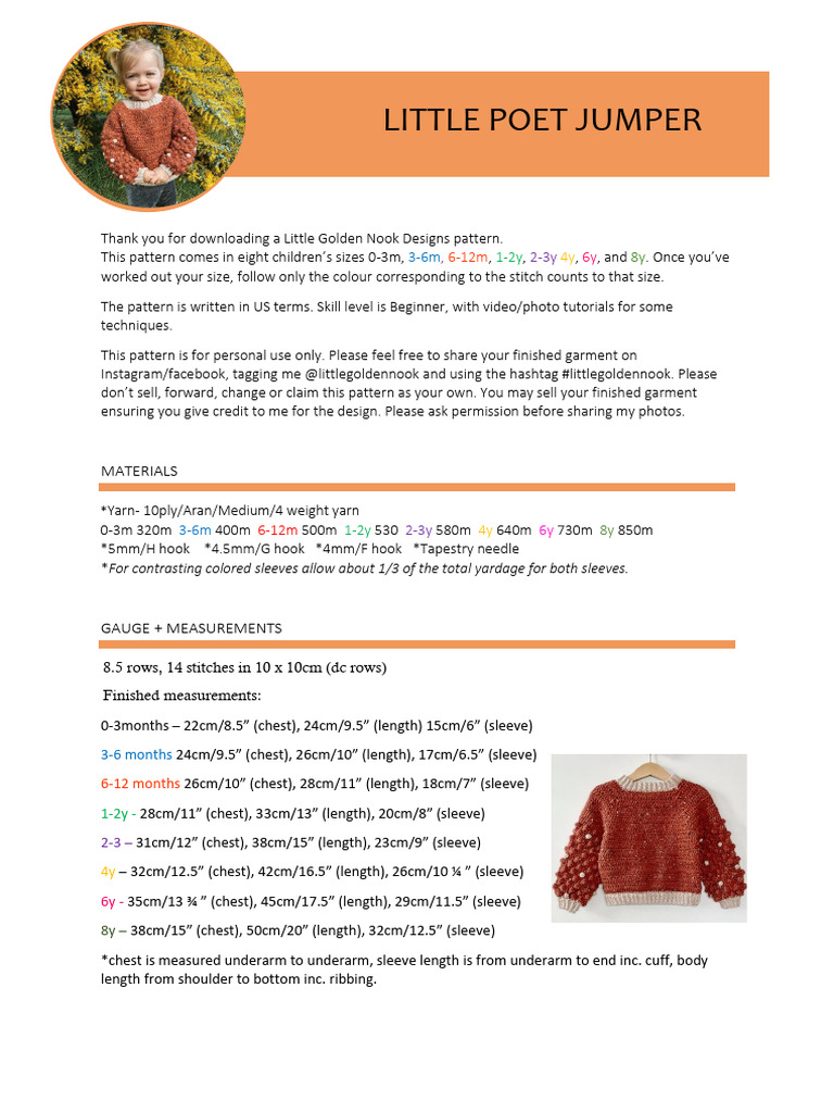 Little Poet Jumper Crochet Pattern | PDF | Crochet | Gauge (Knitting)