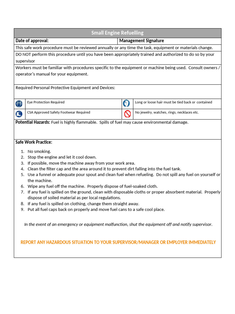 Safe Work Procedure Refuelling | PDF