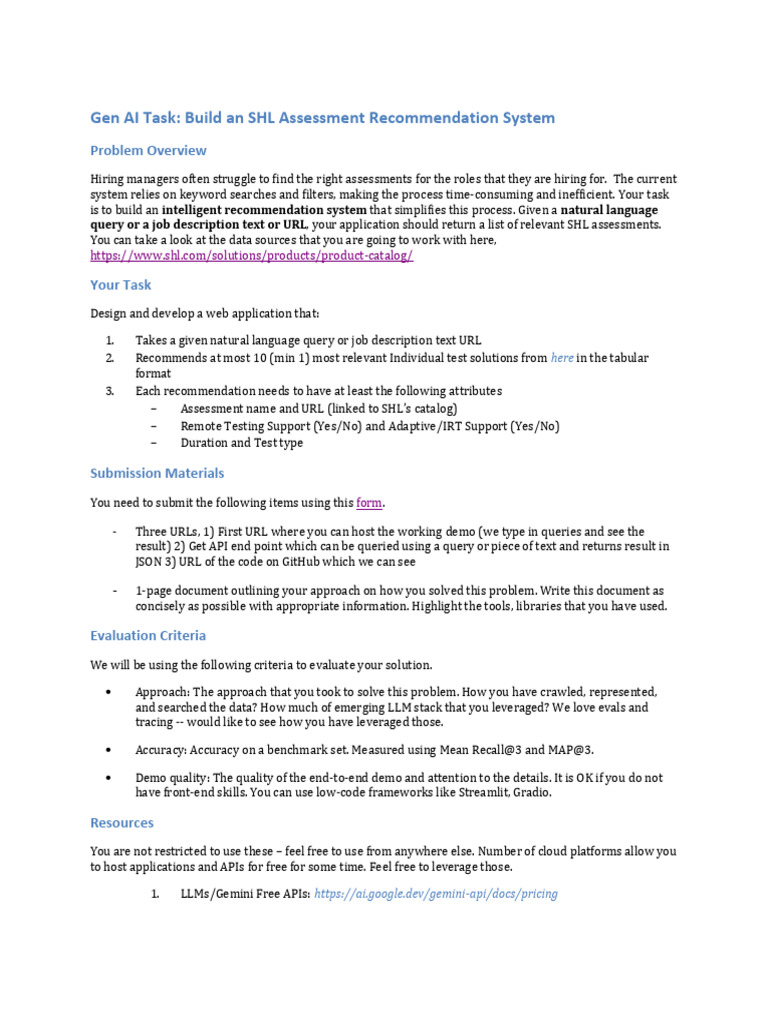 SHL AI Intern RE Generative AI Assignment | PDF | Computing | Information Science