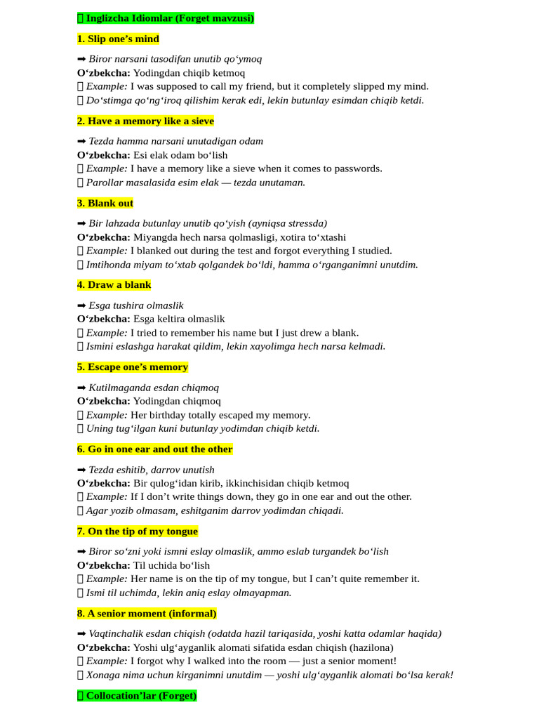 Forgetting Topic Collocations and Ideomatic Expressions With Advanced Grammar | PDF | Memory ...