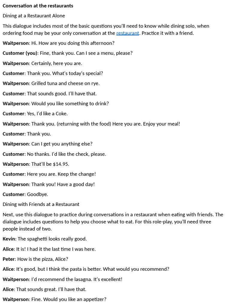 Restaurant Conversations and Dialogues | PDF | Restaurants | Waiting Staff
