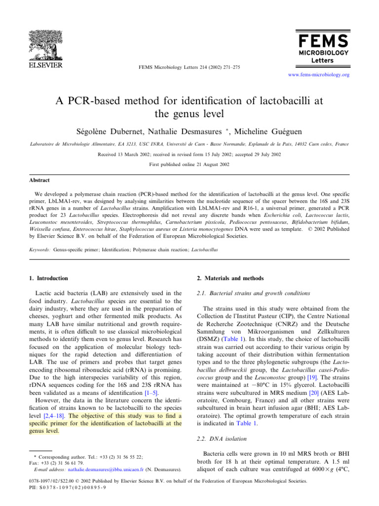A PCR-based Method For Identi Cation of Lactobacilli at The Genus Level | PDF | Lactobacillus ...