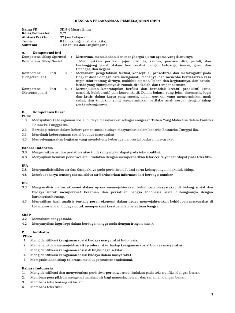 RPP TEMA 8 Lingkungan Sahabat Kita | PDF