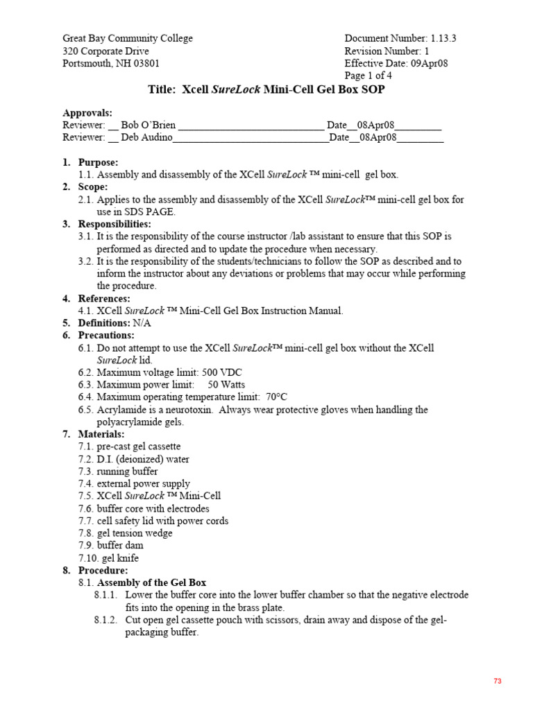 Xcell Surelock Mini Cell Gel Box Sop | PDF | Gel Electrophoresis