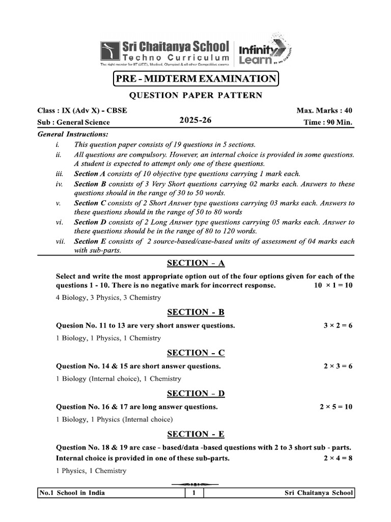 CBSE - IX (Adv X) Class General Science Pre Midterm Examination QP Pattern | PDF