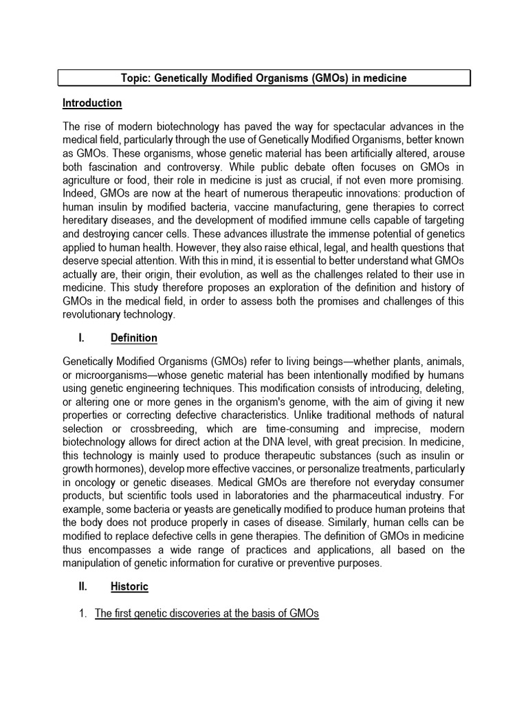 Topic - Genetically Modified Organisms (GMOs) in Medicine (17'04'2025) | PDF | Genetically ...