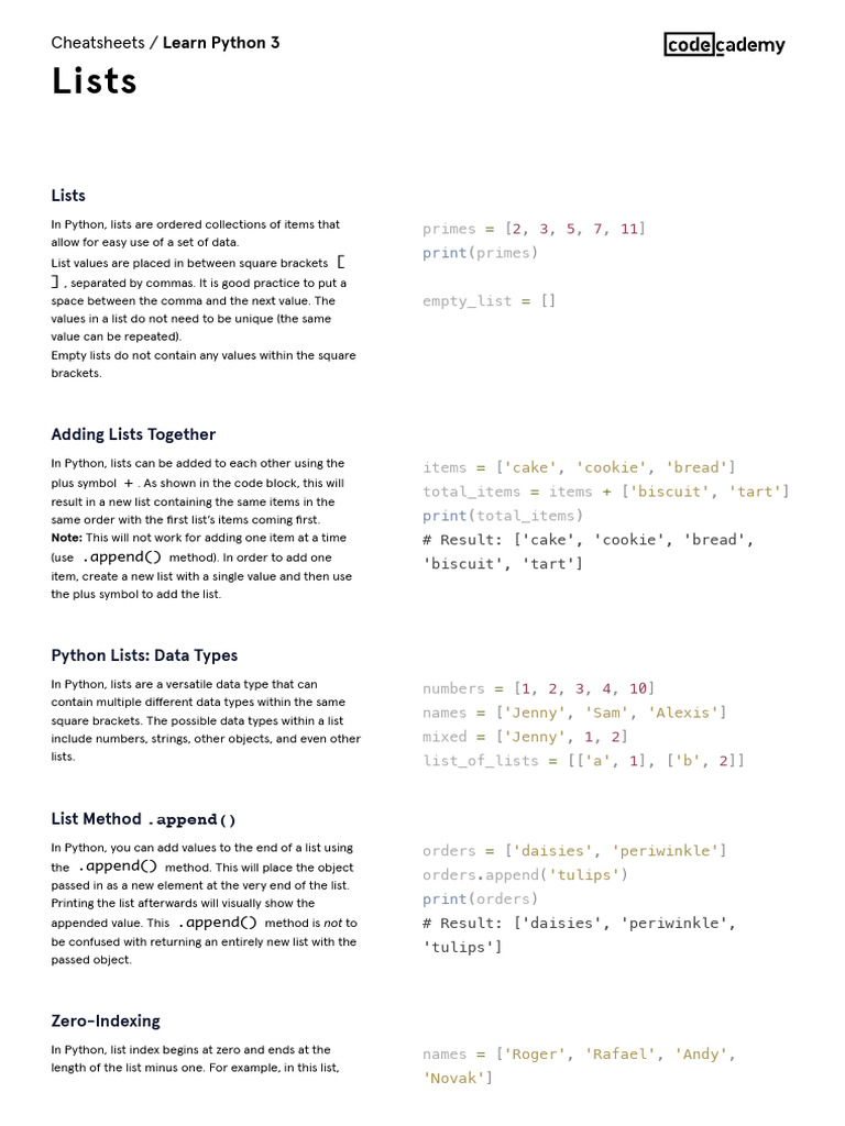 Learn Python 3_ Lists Cheatsheet _ Codecademy | PDF | Computer Programming | Software Engineering