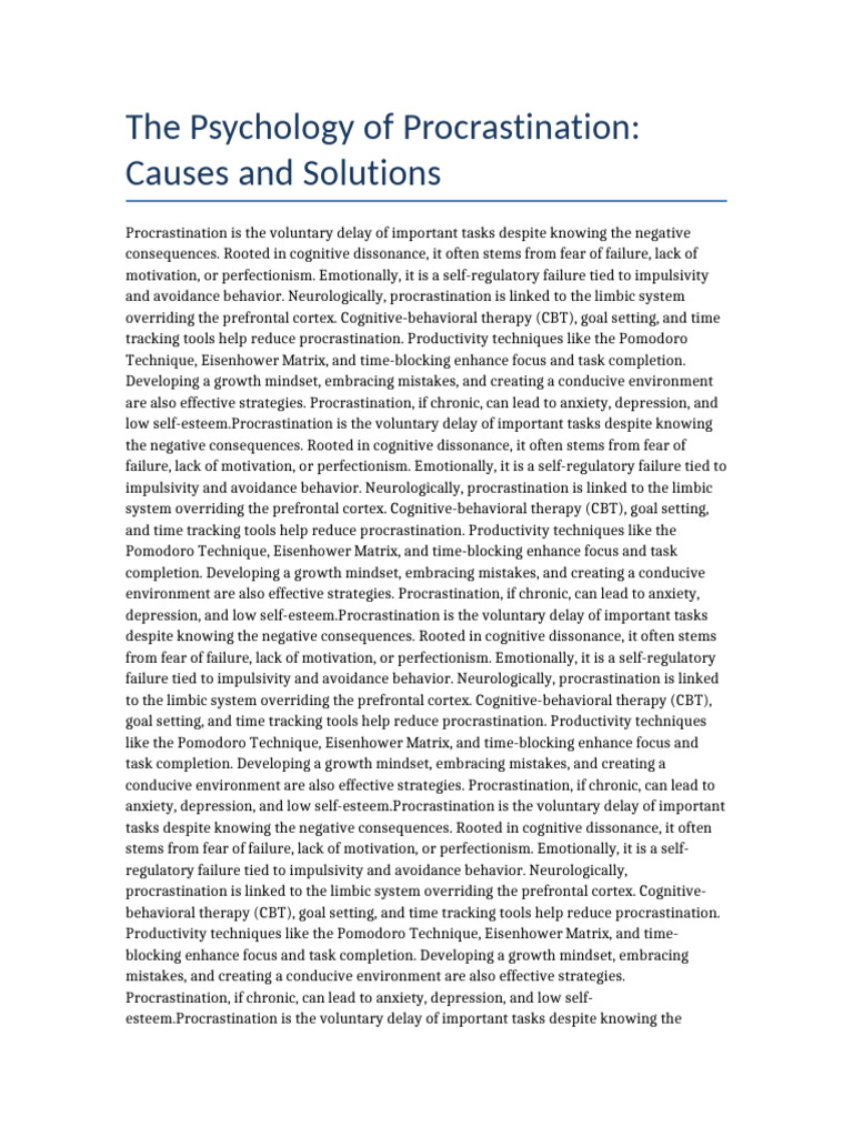 The Psychology of Procrastination Causes and Solutions DETAILED | PDF | Professional Skills ...