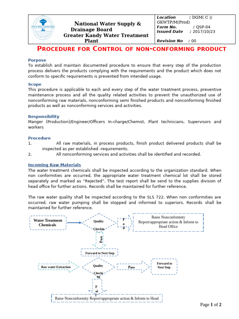 QSP04 23-10-2017 Control of Non Conforming | PDF | Water Treatment