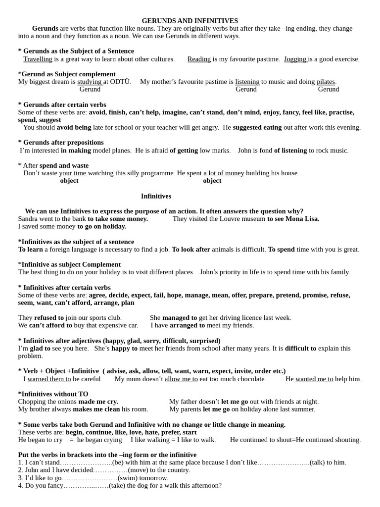 Gerunds and Infinitives | PDF | Verb | Subject (Grammar)