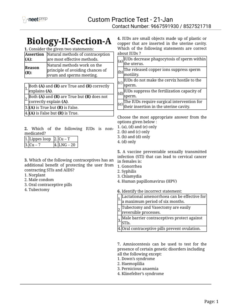 Contraception and STI Practice Questions | PDF | Birth Control ...
