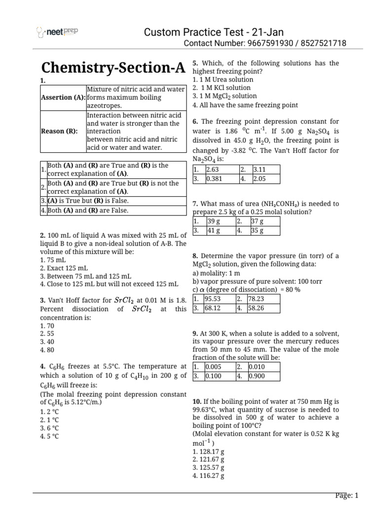 Custom Practice Test - 21-Jan | PDF | Mass Concentration (Chemistry ...