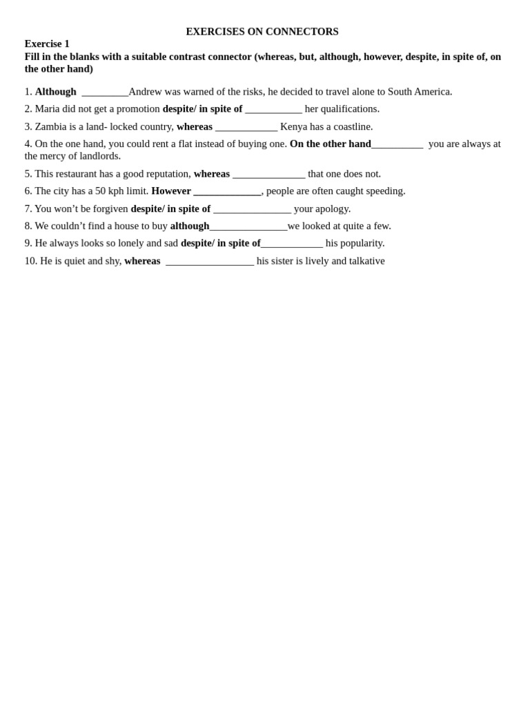Linkers of Contrast 2ºBAC KEY Exerc.1 | PDF