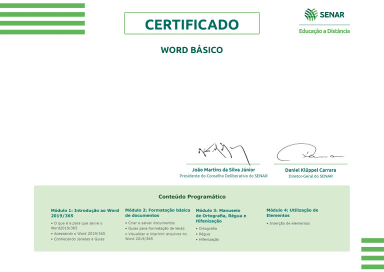 Certificado de Curso Word Básico SENAR | PDF