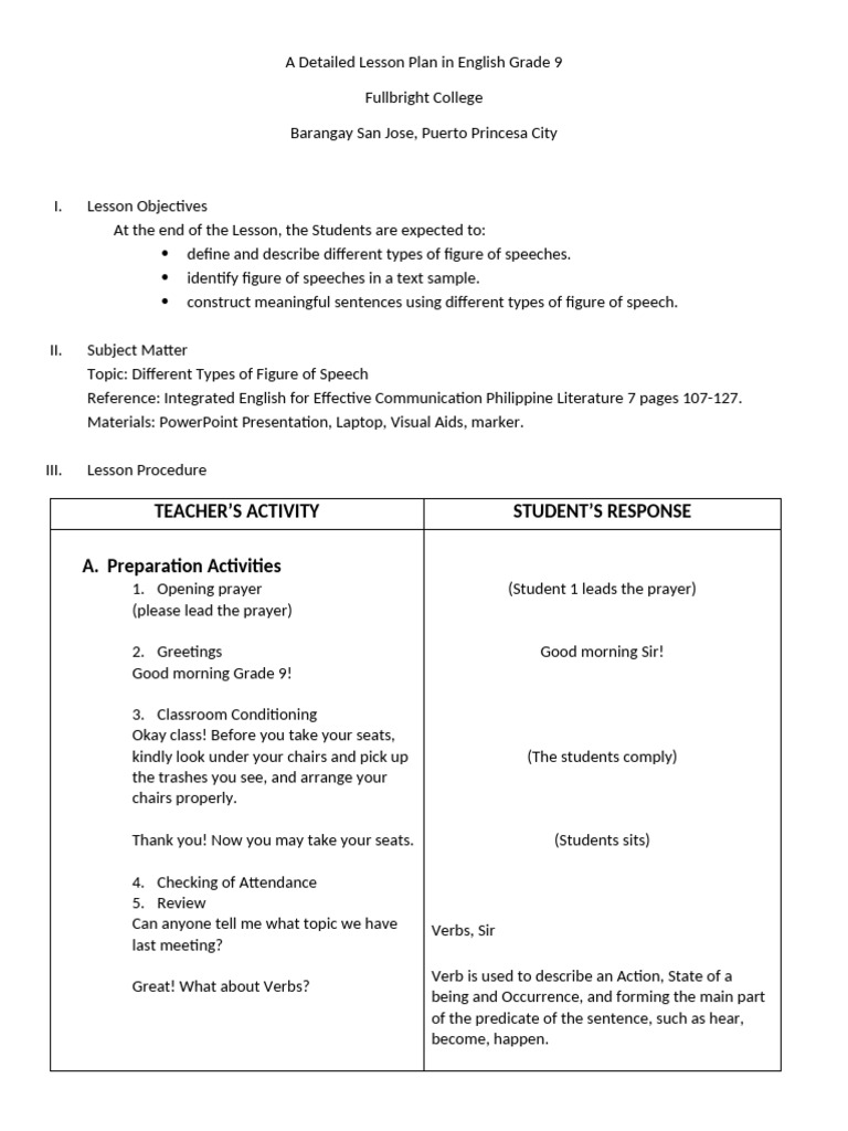 A Detailed Lesson Plan in English Grade 9 | PDF | Verb | Metaphor